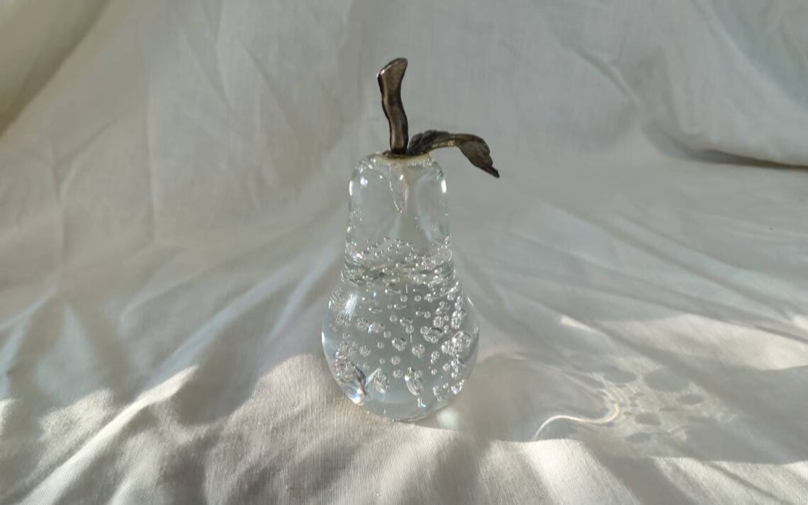 Vintage Studio Art Glass Pear Paperweight With Goldtone Metal Leaf and ...