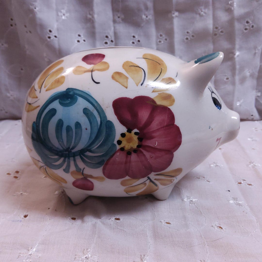 PIGGY BANK - White Pig With Floral Accents. No Maker's Mark Found. - Etsy