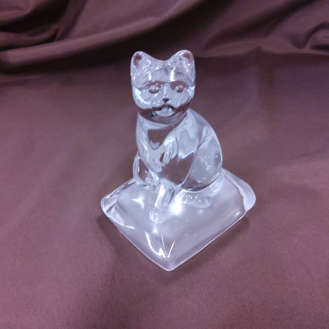 Clear Glass Cat Sitting on a Frosted Pillow Paperweight With Details in ...