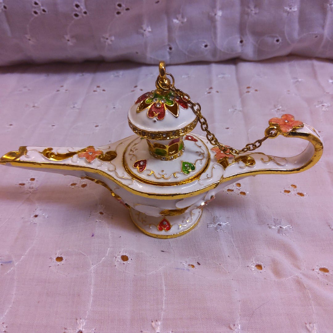 CLOISONNE Magic Genie Lamp Trinket Box Enhanced Mainly With Ivory ...