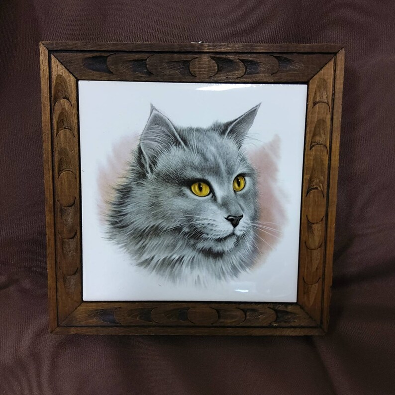 Hand Painted Long Haired Gray Cat Tile That's Mounted on Wood to Be a ...