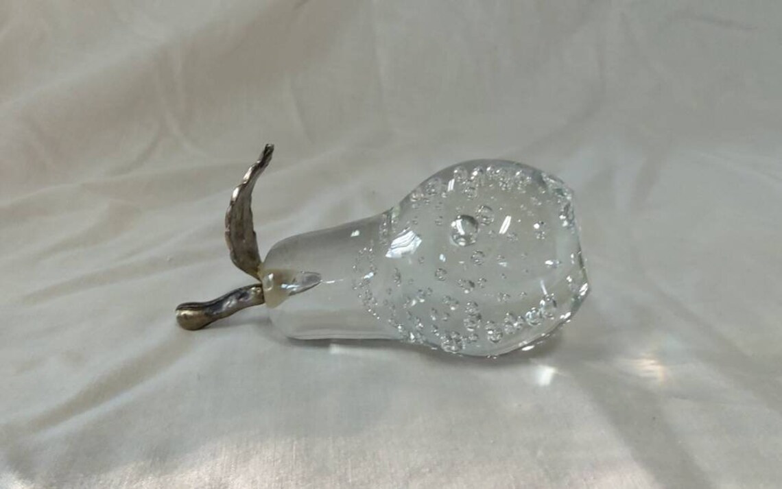 Vintage Studio Art Glass Pear Paperweight With Goldtone Metal Leaf and ...