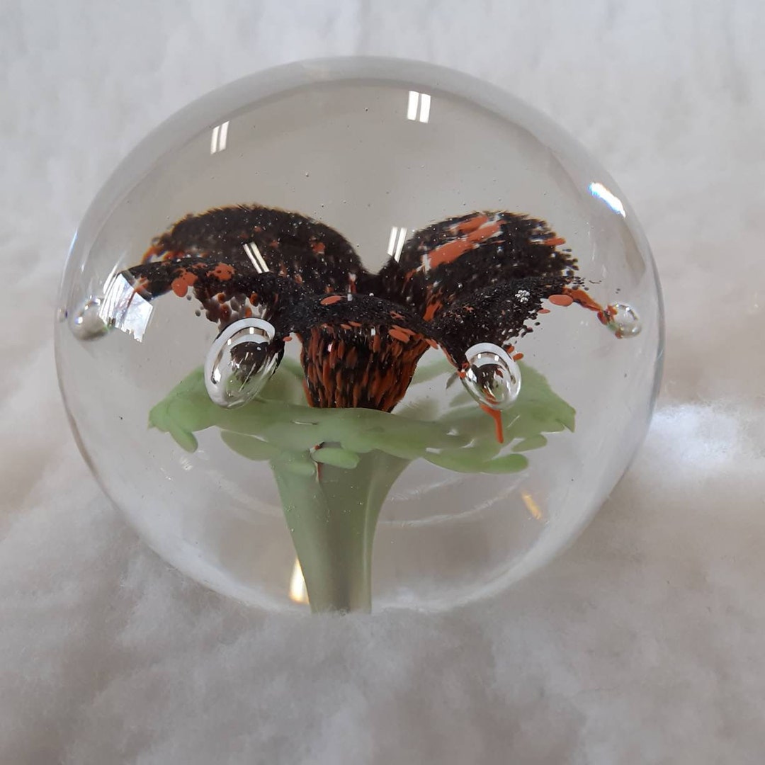 Round Glass Paperweight With Black and Orange Flower and Green Stems ...