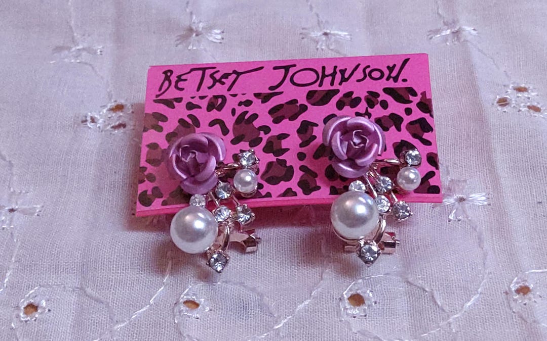BETSEY JOHNSON Bedazzled Rose and Stems Leverback Stud Pierced Earrings ...