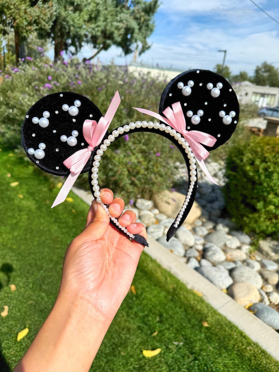 Pearl Minnie Ears, Pink Bows Minnie Ear, Pearl Mickey Ears, Black ...