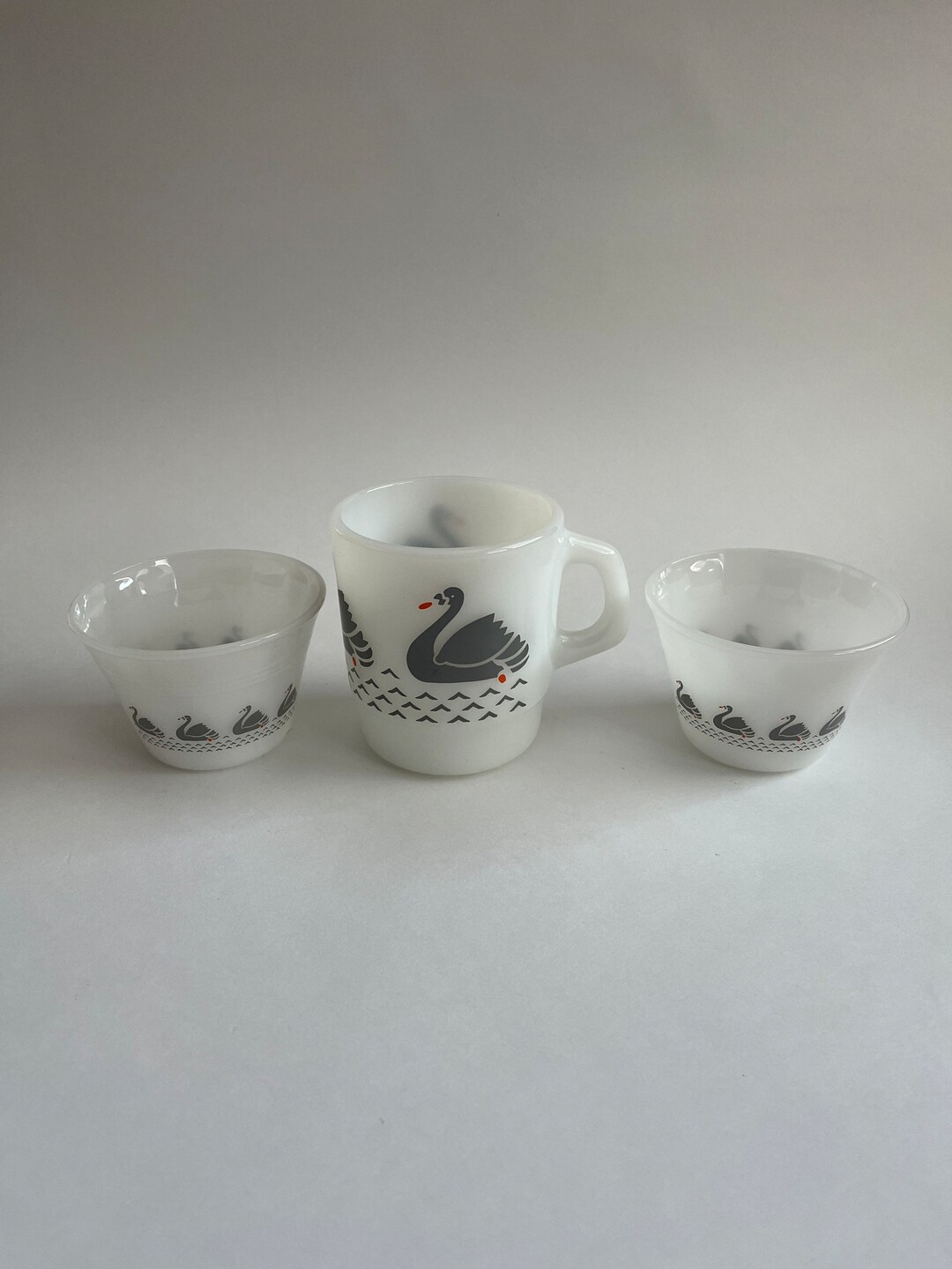 3 Piece Vintage Milk Glass Mug and 2 Matching Ramekins - Swan Design in ...