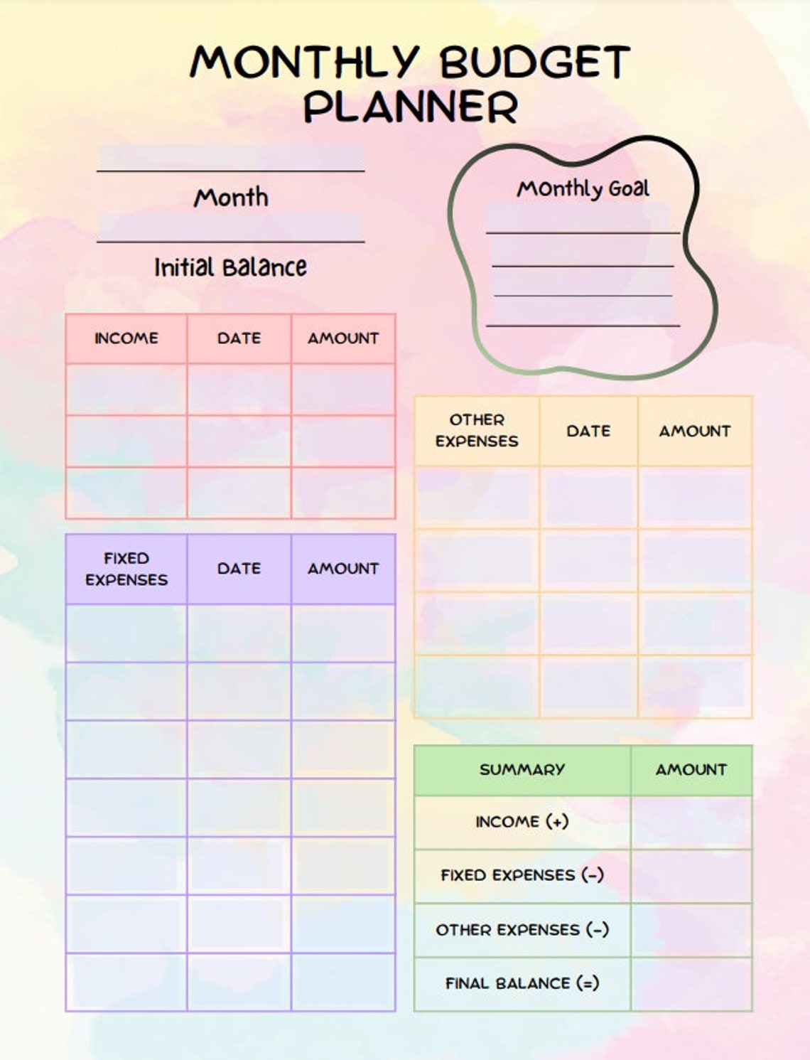 PDF Fillable Colorful Monthly Budget Planner - Etsy