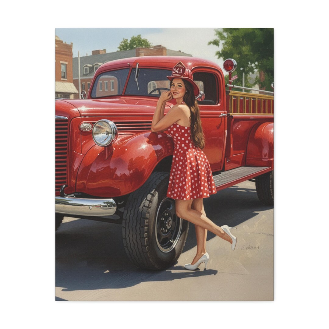 Retro Pin up Firefighter Girl Wall Art - Vintage Fire Truck 343 Pride ...