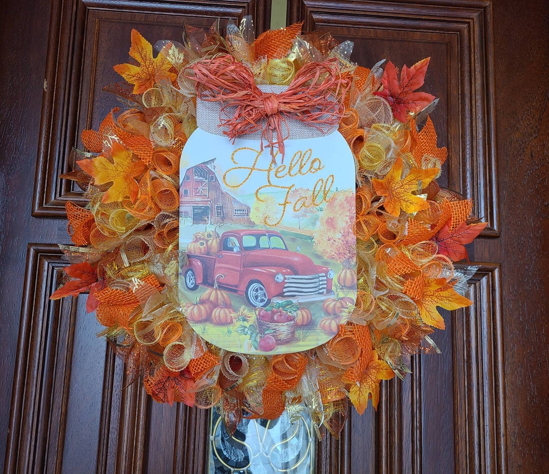 Happy Fall Mesh and Ribbon Wreath- Autumn Deco Mesh Wreath- Holiday ...