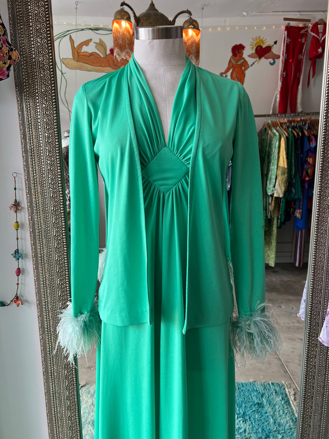 Vintage Green Dress With Matching Feather Trim Jacket - Etsy