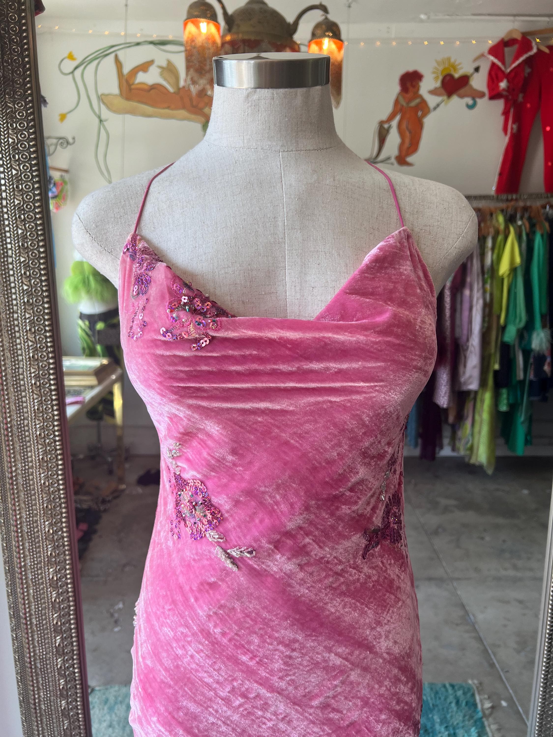 Pink Velvet Floral Sequin Dress - Etsy