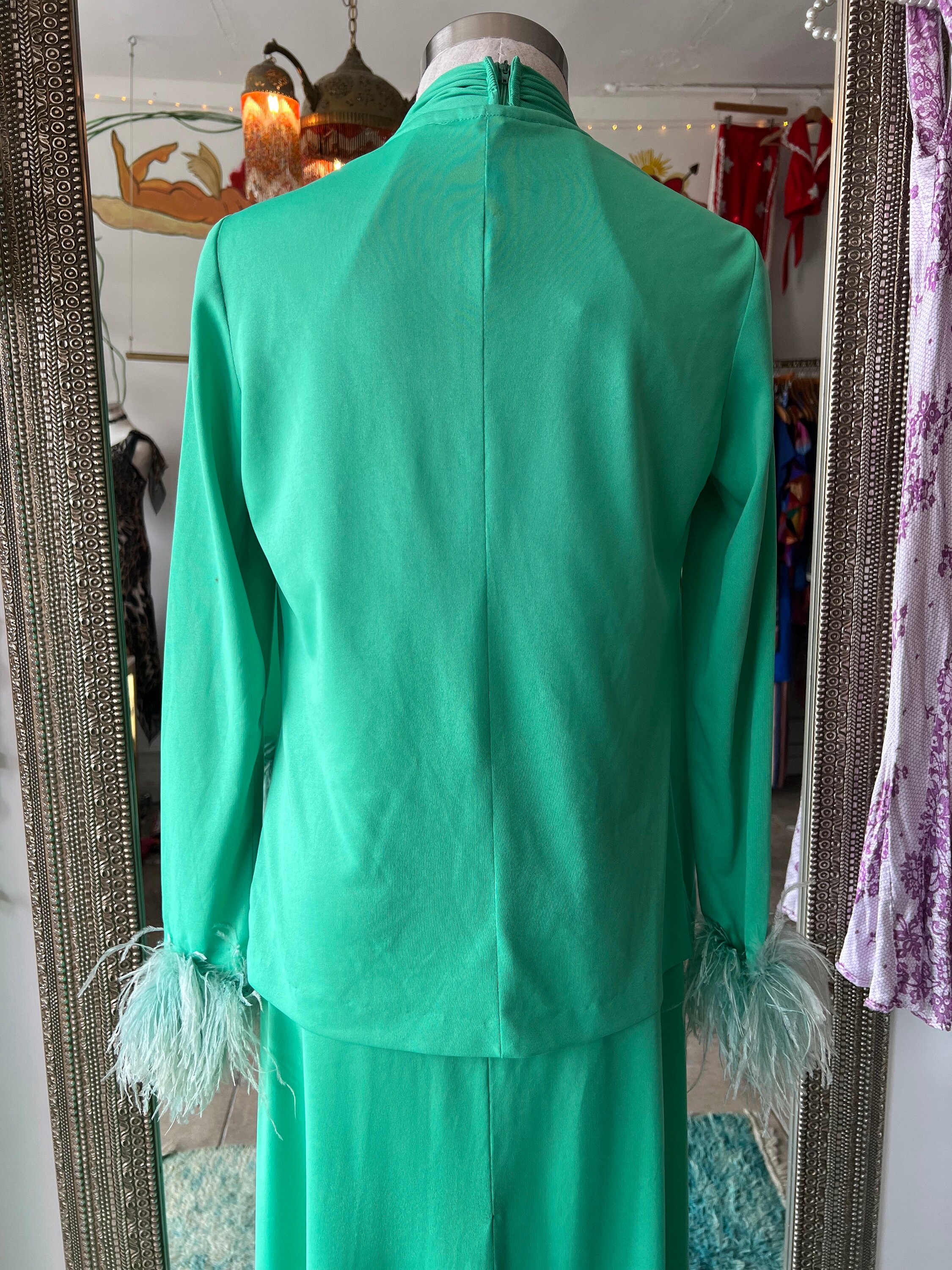 Vintage Green Dress With Matching Feather Trim Jacket - Etsy