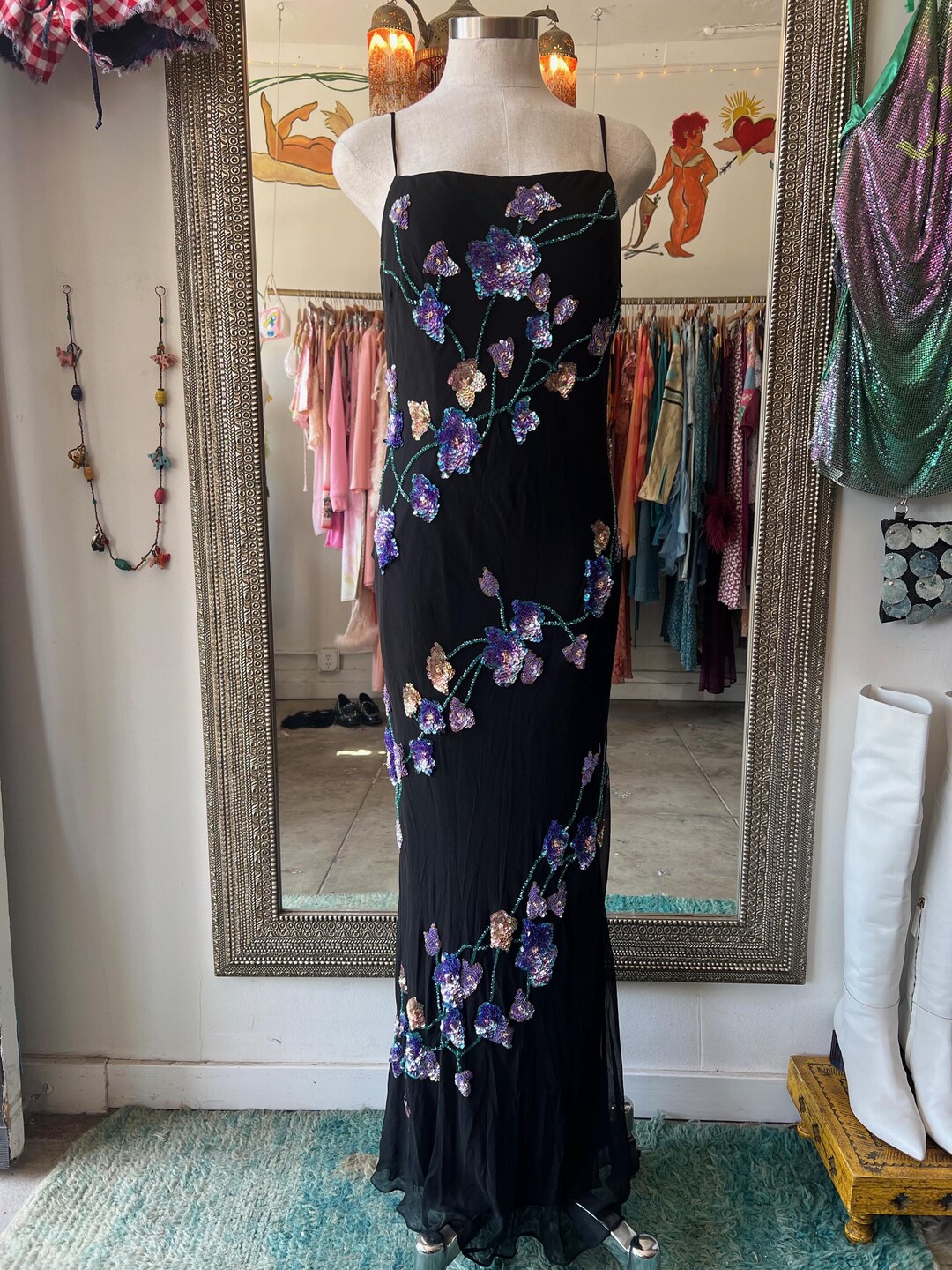 Sequin Beaded Floral Silk Dress - Etsy