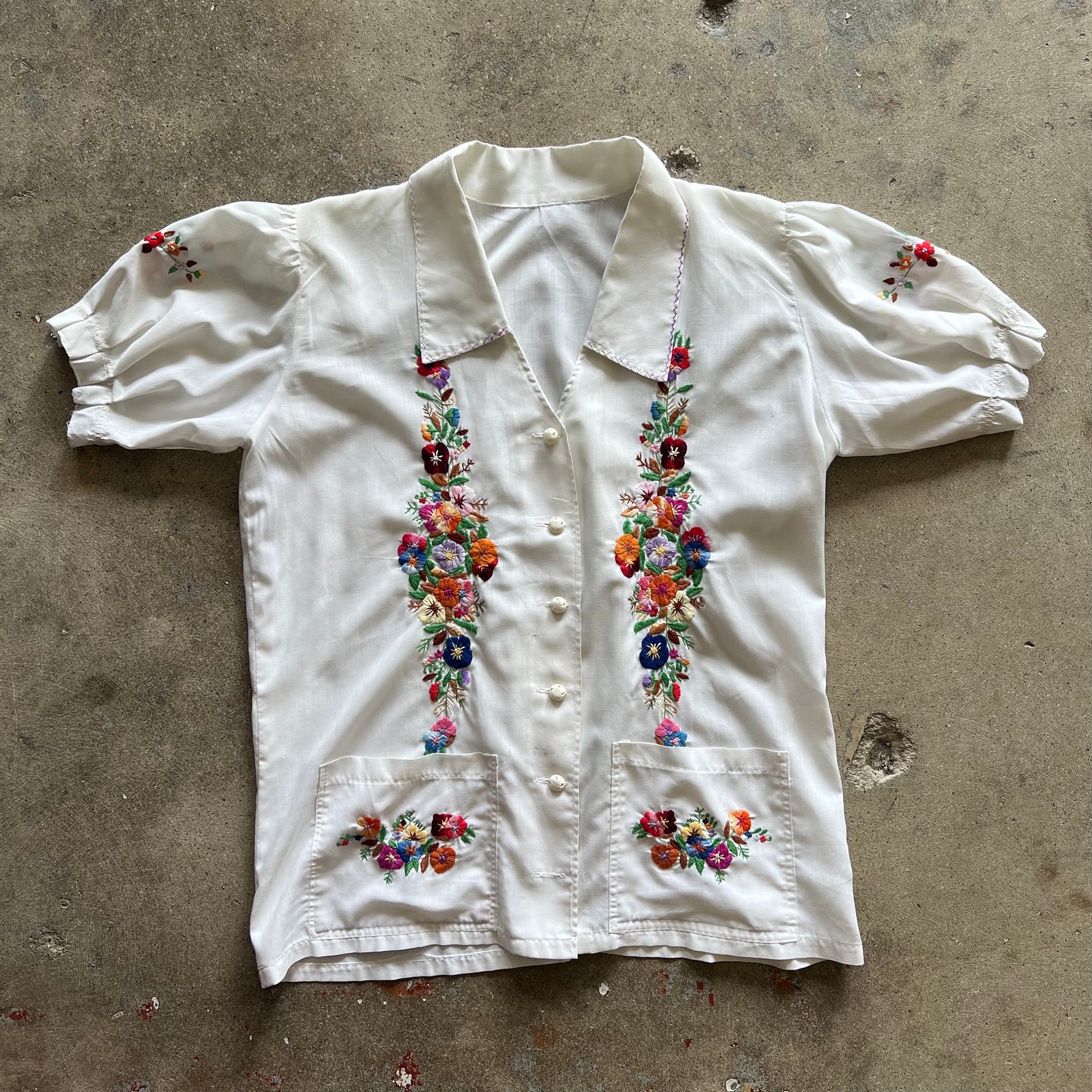 Short Sleeve Embroidered Flower Button Up - Etsy