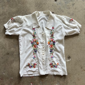 Short Sleeve Embroidered Flower Button Up - Etsy