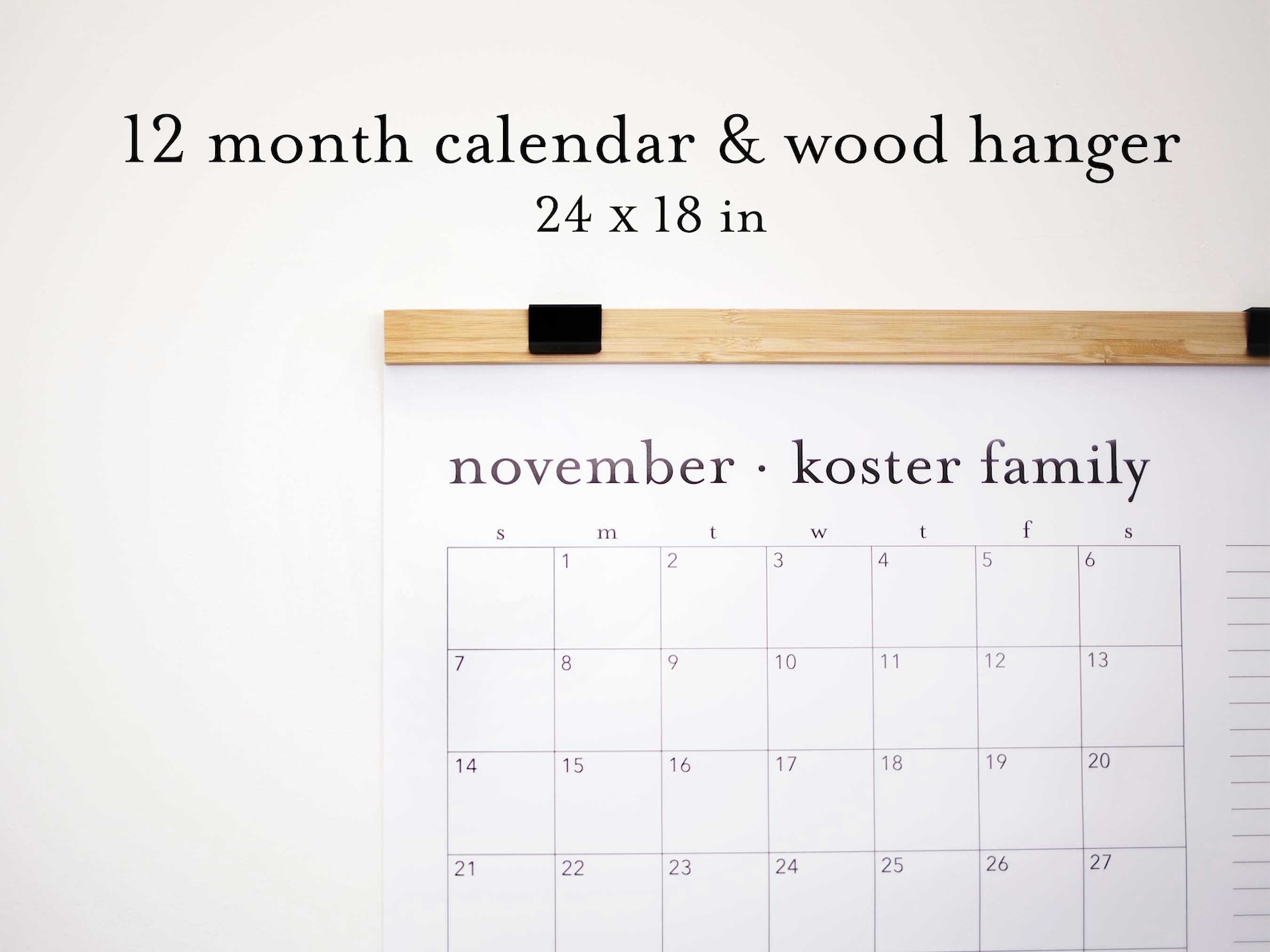 Large Personalized Monthly Wall Calendar With Wood Hanger - 12 Months ...