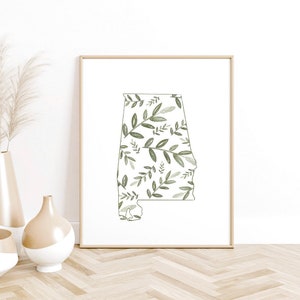 Alabama State Watercolor Greenery Print, Alabama Home Decor, Gift for ...