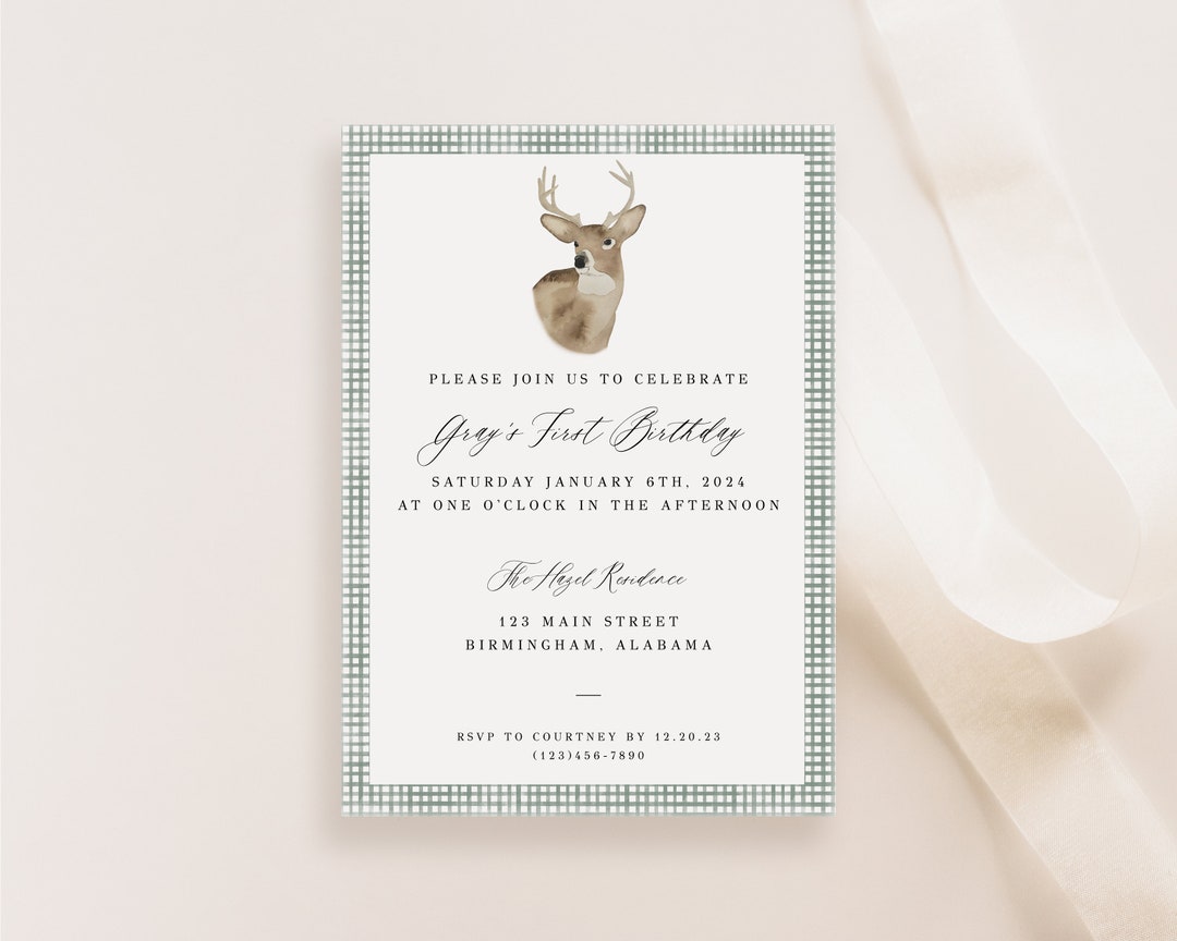 Customizable Classic Deer Birthday Invitation With Buffalo Check, Baby ...
