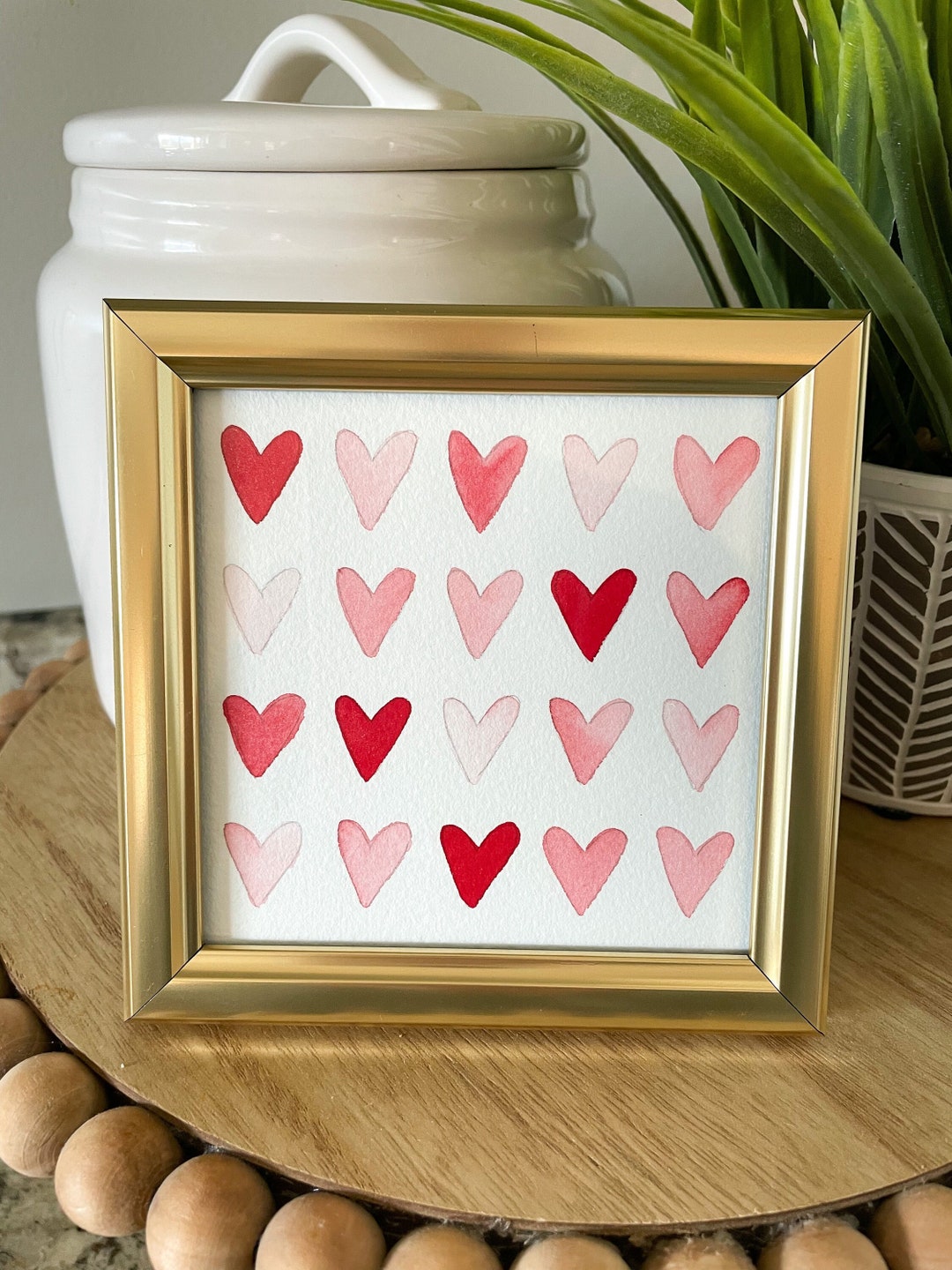 Hand-painted Watercolor Hearts With Gold Frame 4inx4in, Valentine’s Day ...