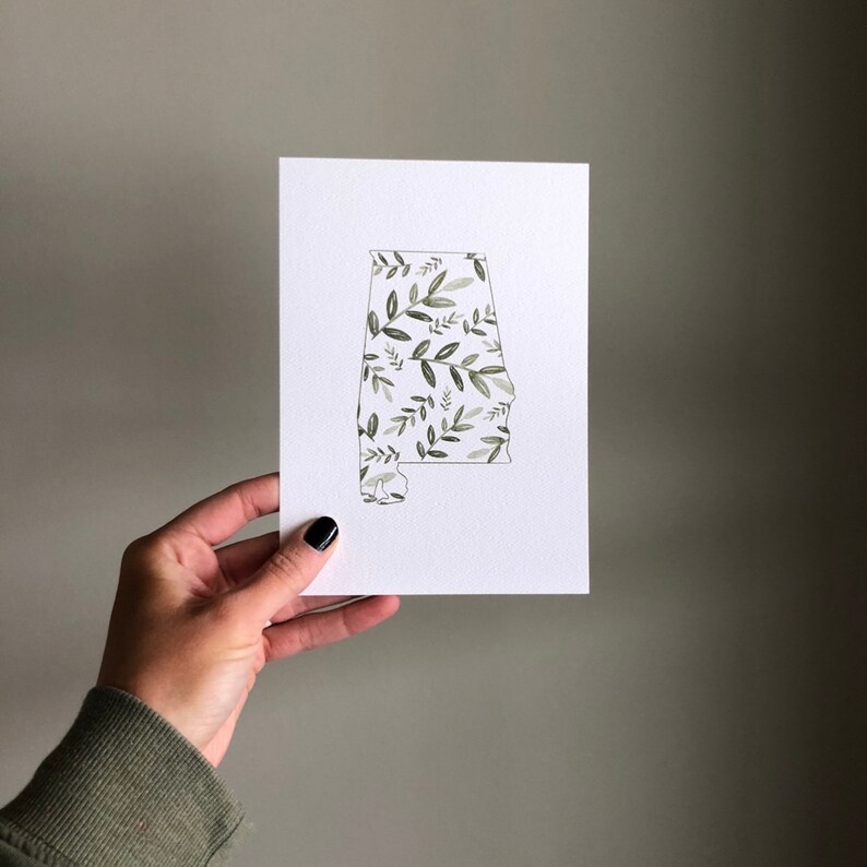 Alabama State Watercolor Greenery Print Alabama Home Decor | Etsy
