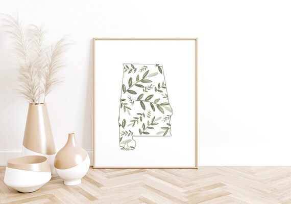 Alabama State Watercolor Greenery Print Alabama Home Decor | Etsy