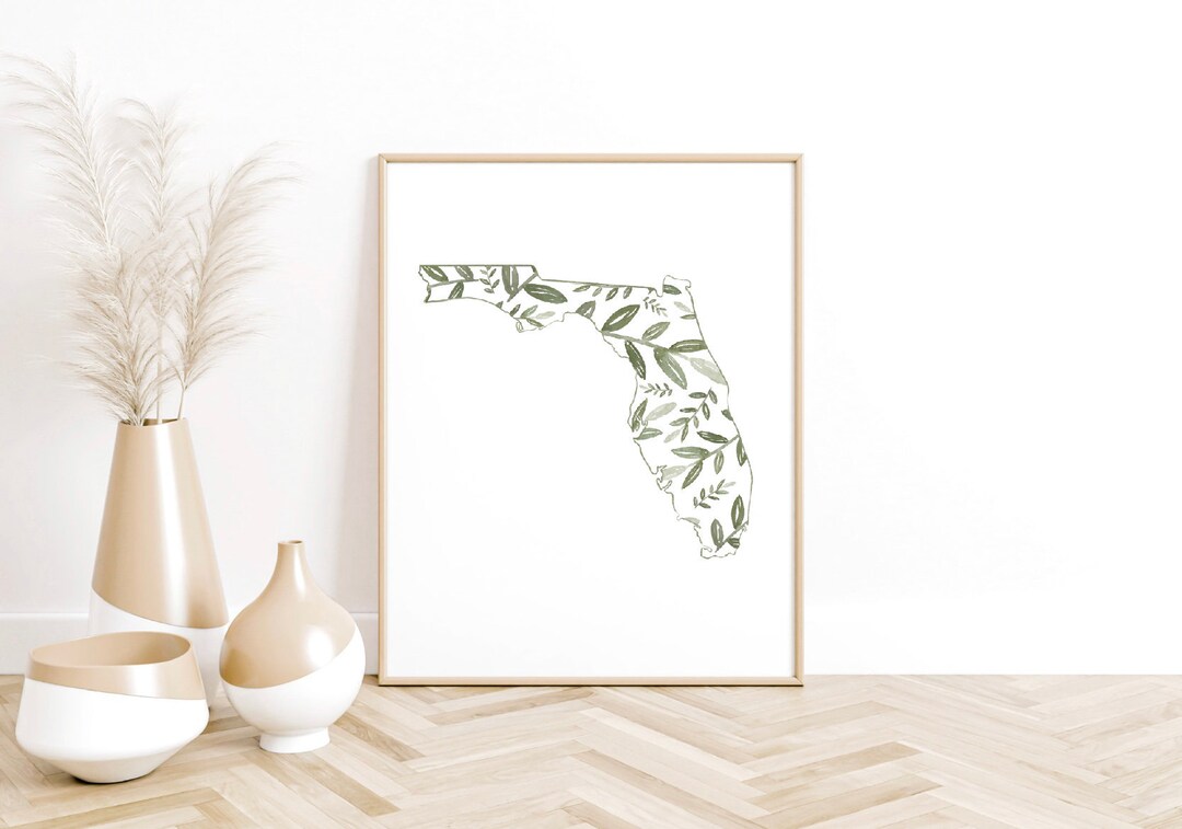 Florida Watercolor Greenery State Outline Print, Orlando Florida Wall ...