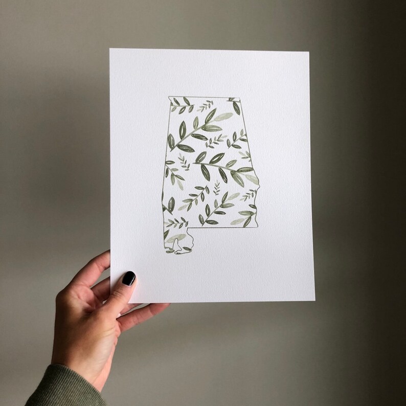 Alabama State Watercolor Greenery Print Alabama Home Decor | Etsy