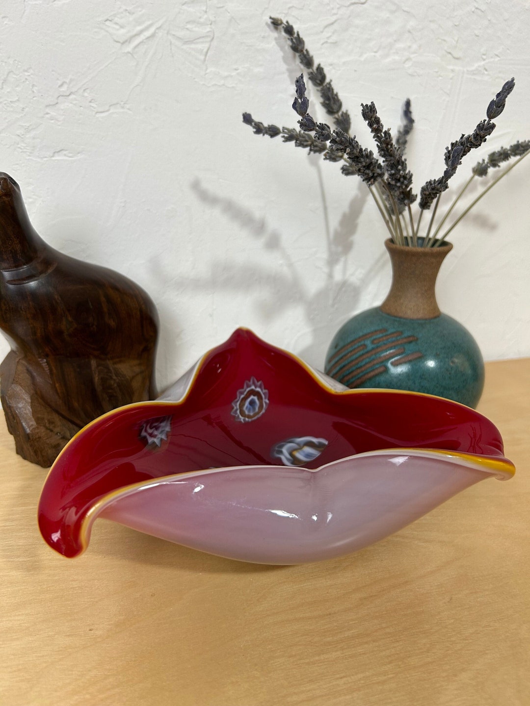 Mid Century Murano Glass Red Millefiori Dish Modern Abstract Floral ...