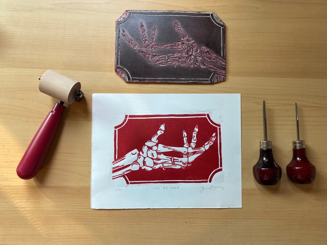 Original Linocut Block Print Skeleton Hand | "i'll Be Here" - Etsy