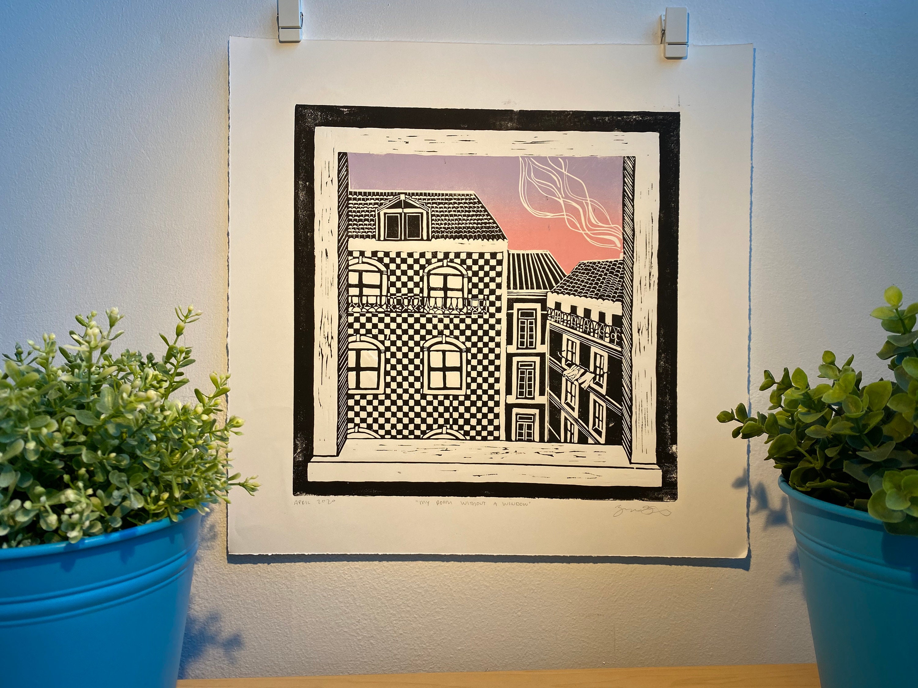 Original Unique Linocut Block Print | "a Window for My Windowless Room ...