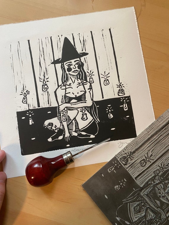 Original Unique Witch Linocut Block Print Witchling | Etsy
