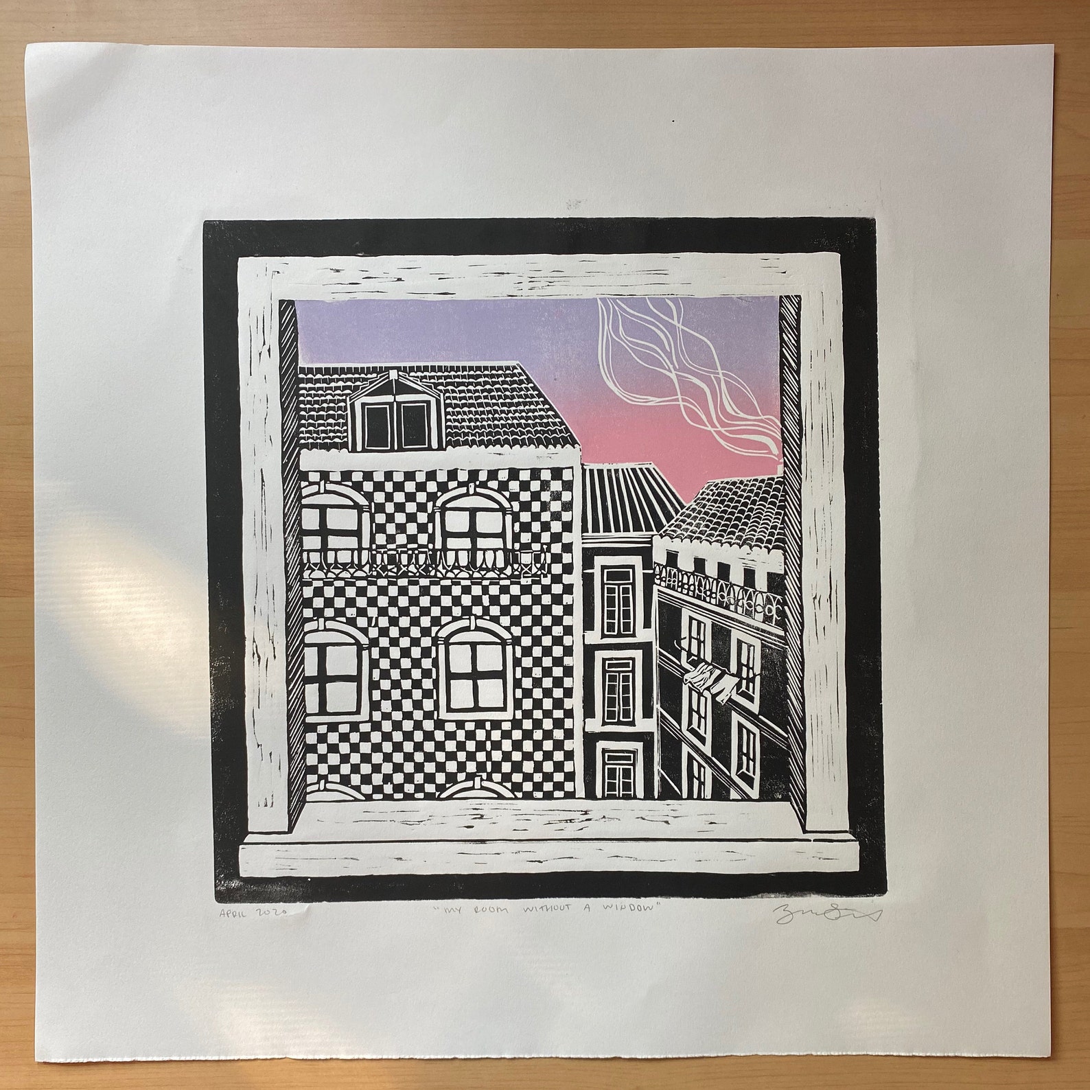 Original Unique Linocut Block Print | "a Window for My Windowless Room ...