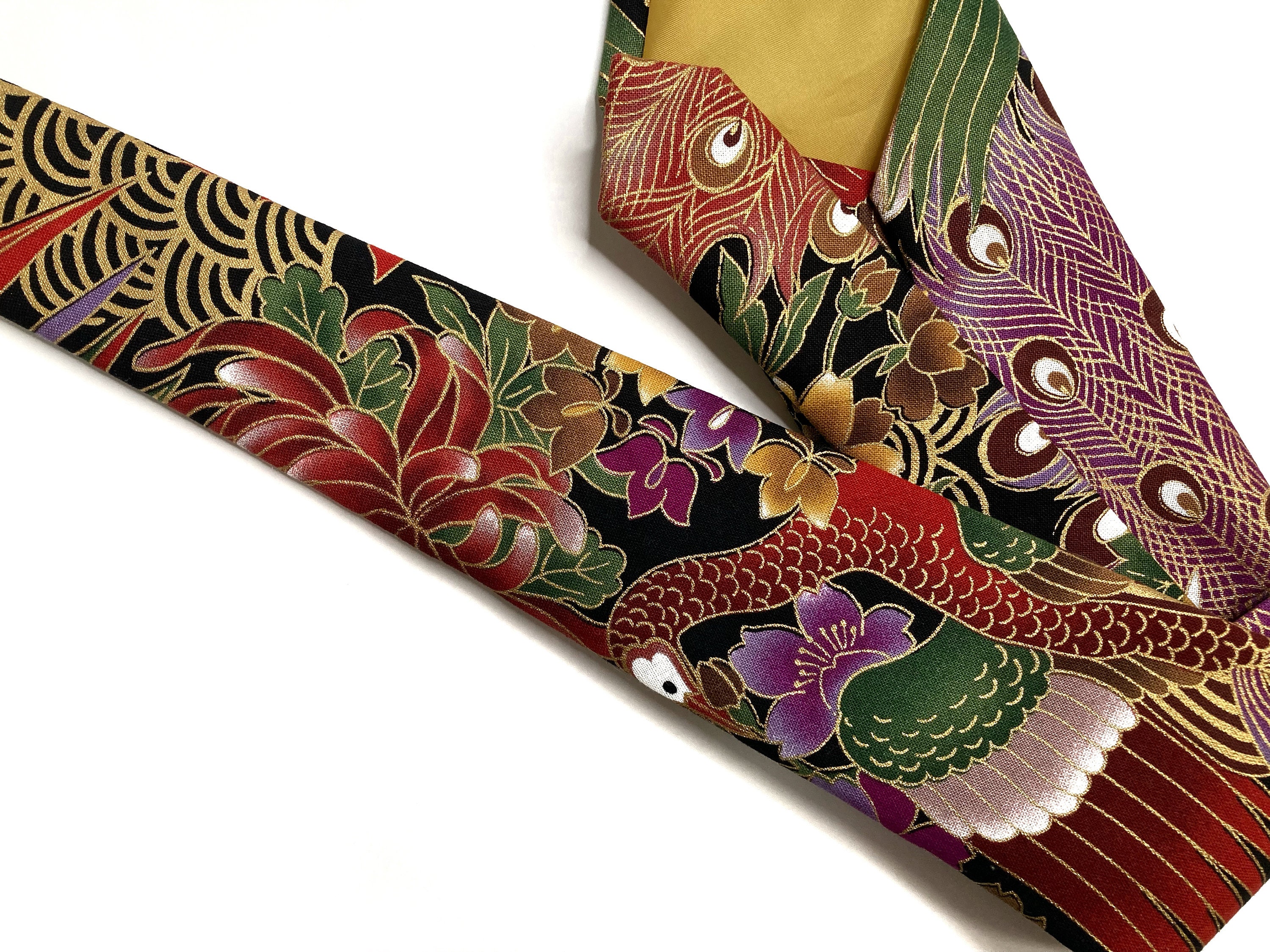 Peacock Bird Floral Japanese Cotton Fabric Necktie - Kimono Japanese ...