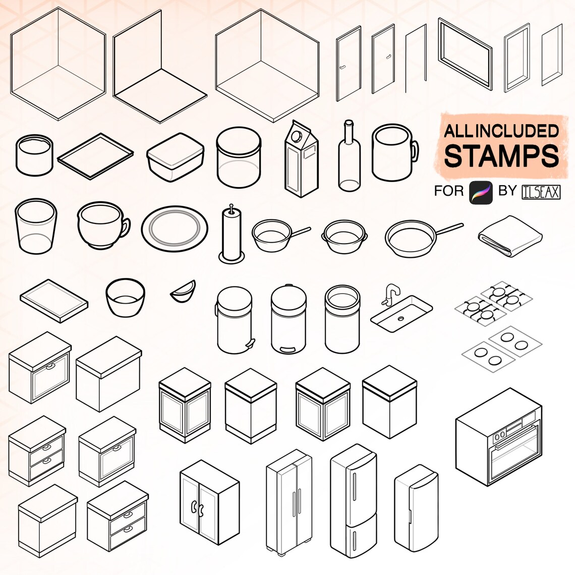 Isometric Procreate Stamps || Kitchen Essentials Edition || Brushes ...