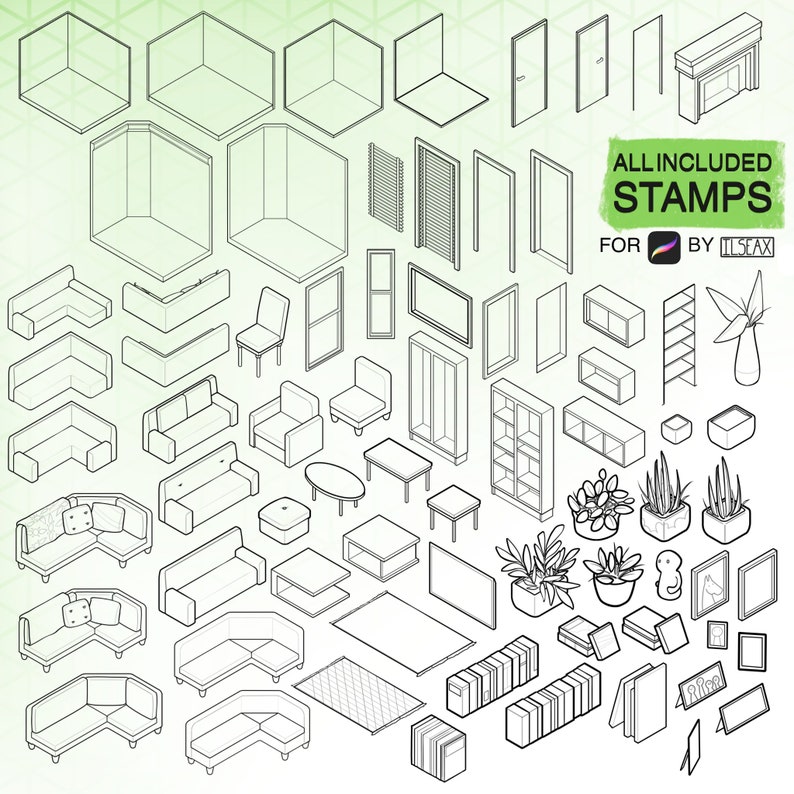 Isometric Procreate Stamps || Living Room Edition || Brushes, Samples ...