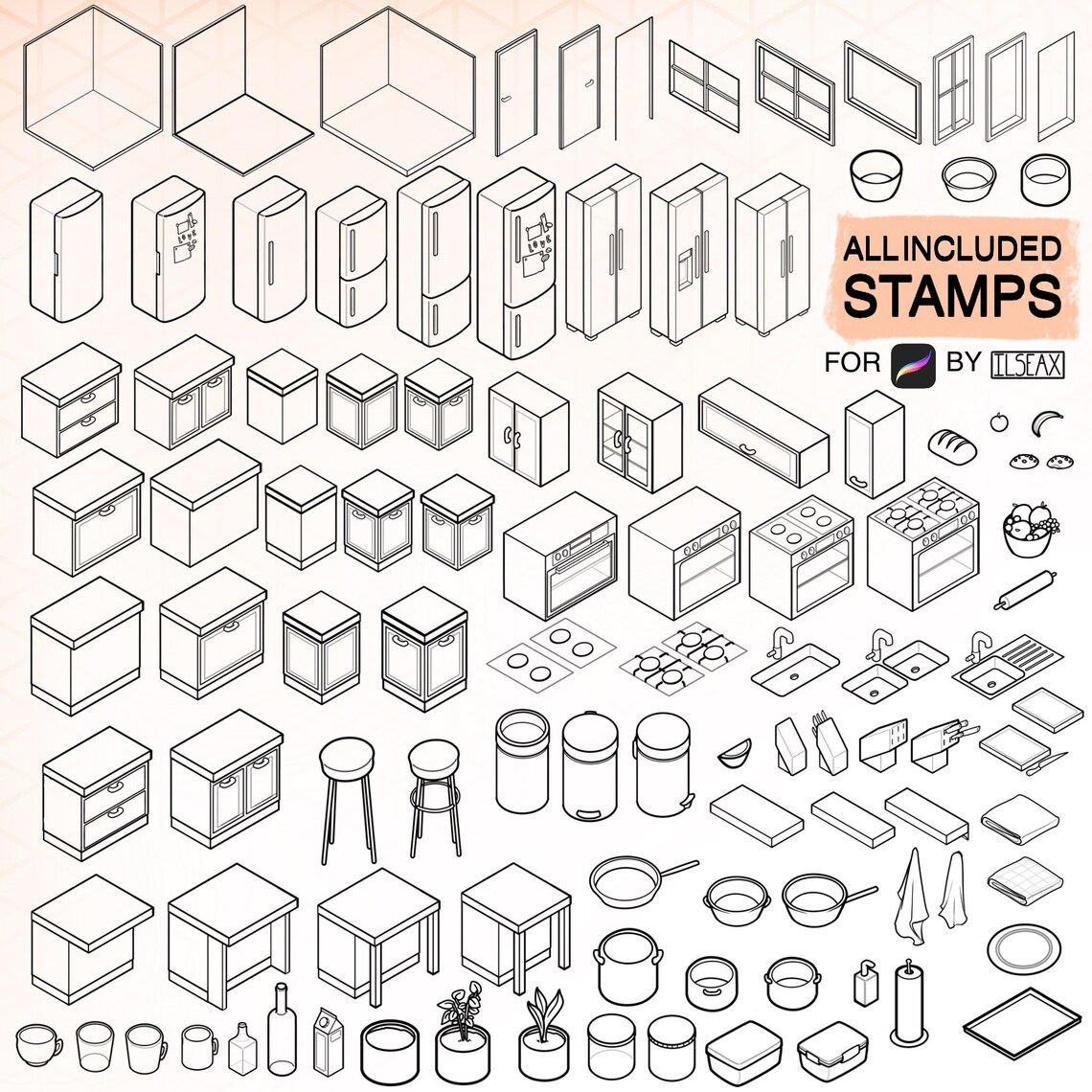 Isometric Procreate Stamps || Kitchen Edition || Brushes, Samples ...