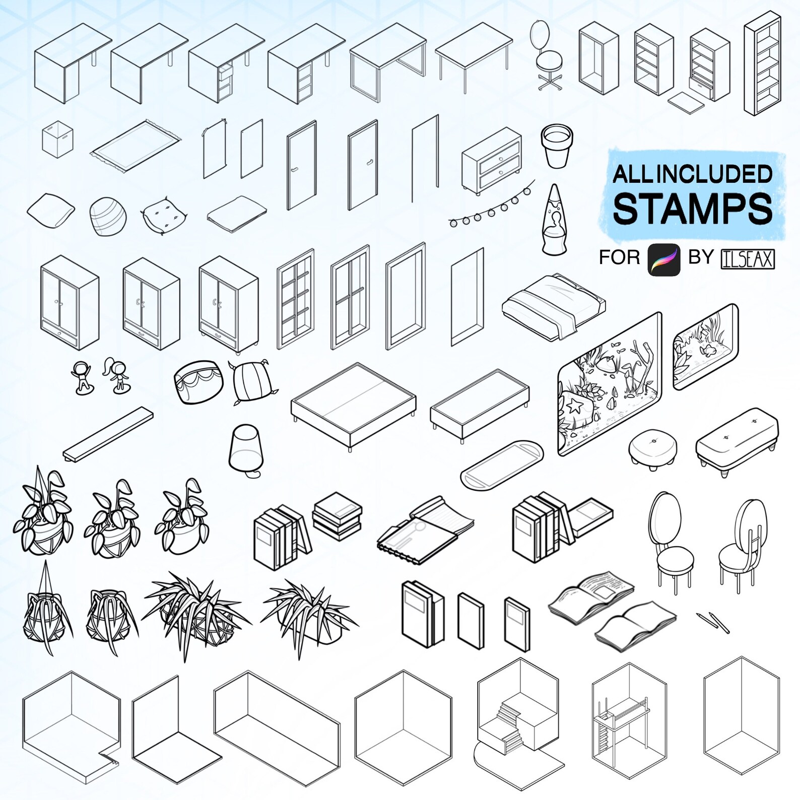 Isometric Procreate Stamps || Bedroom Edition || Brushes, Samples ...