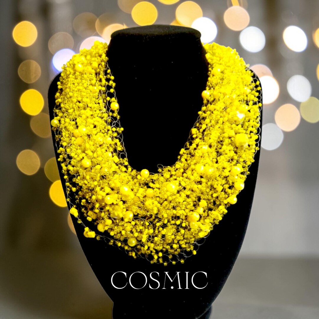 Yellow Beaded Necklace, Airy Statement Choker, Chunky Bib Necklace ...