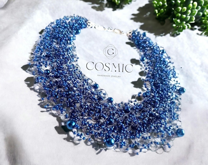 Blue Beaded Necklace, Silver Pendant, Charm, Adjustable, Seed Bead ...