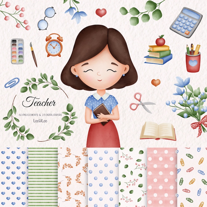Teacher Watercolor Clipart PNG, Digital Paper, Sticker for Scrapbook ...