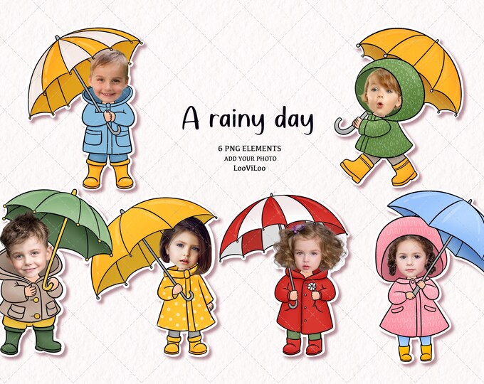 Rainy Day Kids Clipart: Add Your Photo, Umbrella PNG (digital Download ...