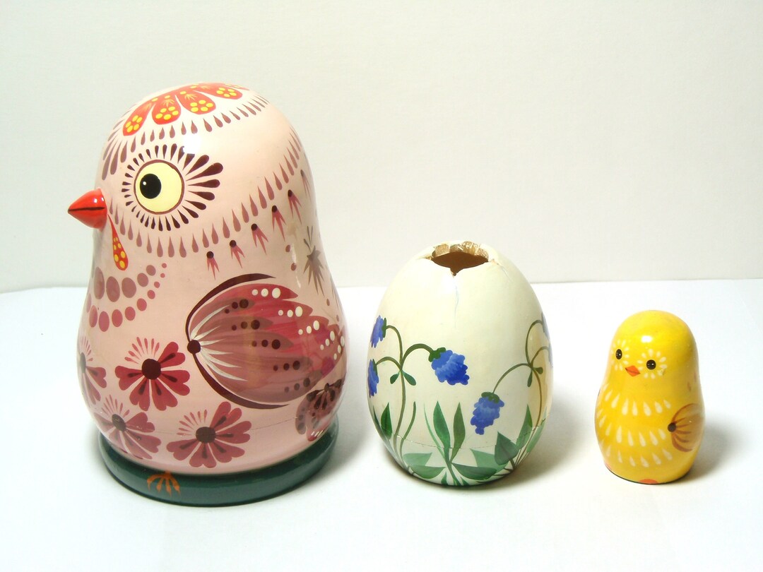 Easter Pink Chicken Nesting Doll 3pcs, Hand Painted Kids Room Decor ...