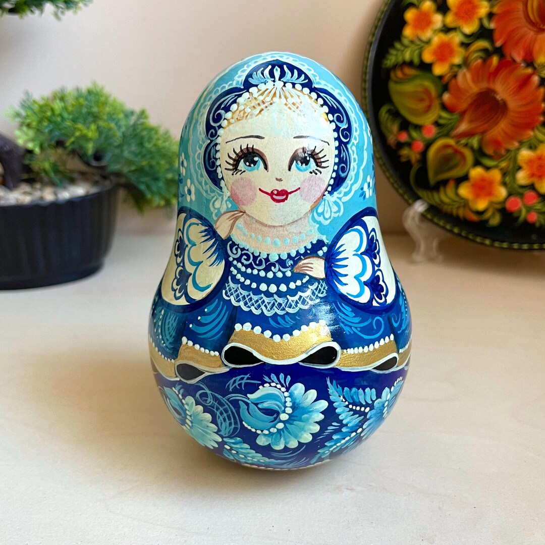 Roly Poly Musical Doll 5,2" Tumbling Wooden Nevalyashka With Blue ...