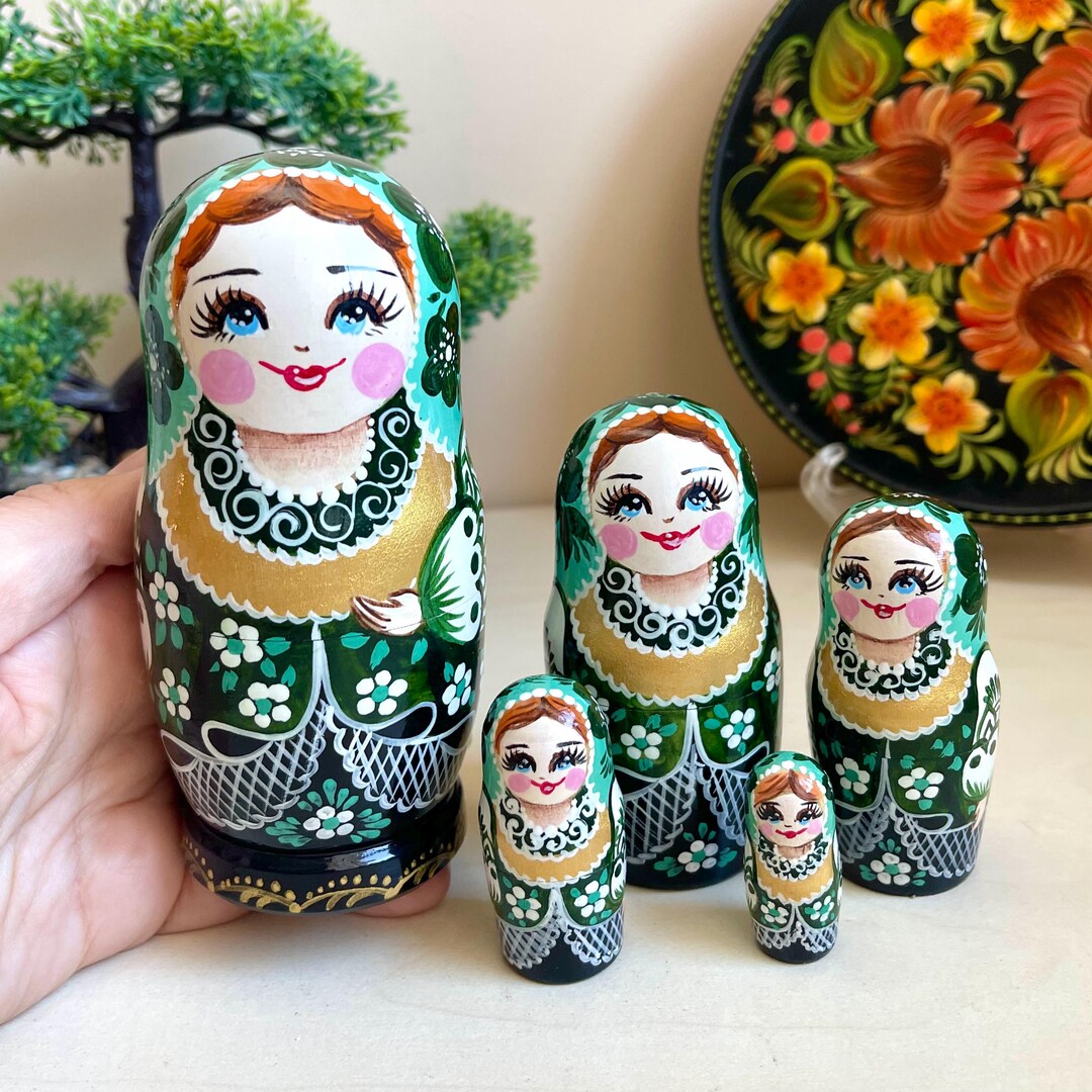 Green Matryoshka Nesting Doll With Floral Ornament 5pcs 5,4” Ukrainian ...