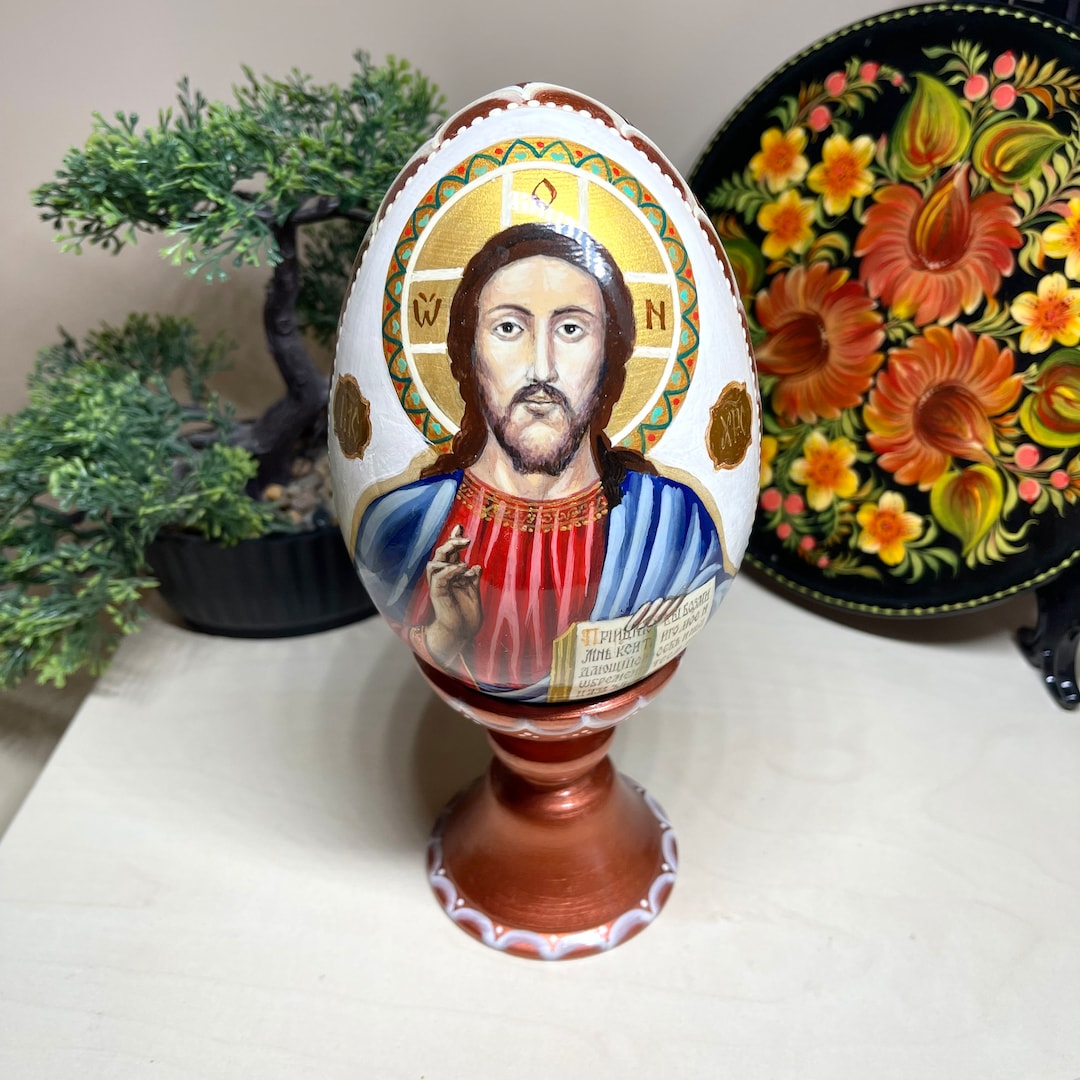 Christian Orthodox Icon Jesus, Hand Painted Big Size Wooden Egg on the ...