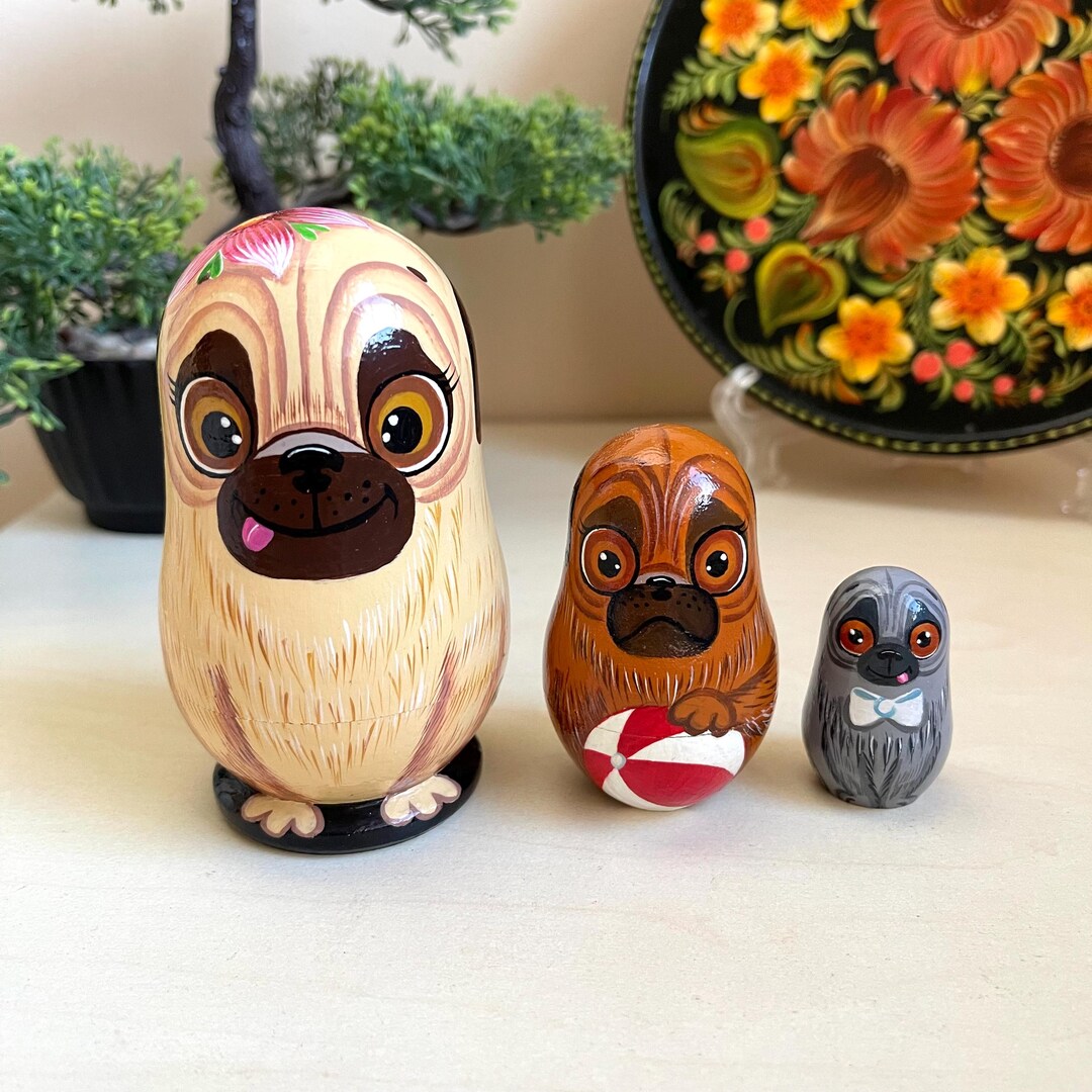 Pugs Nesting Dolls 3 Pcs/9 Cm, Hand Painted Wooden Matryoshka Set ...