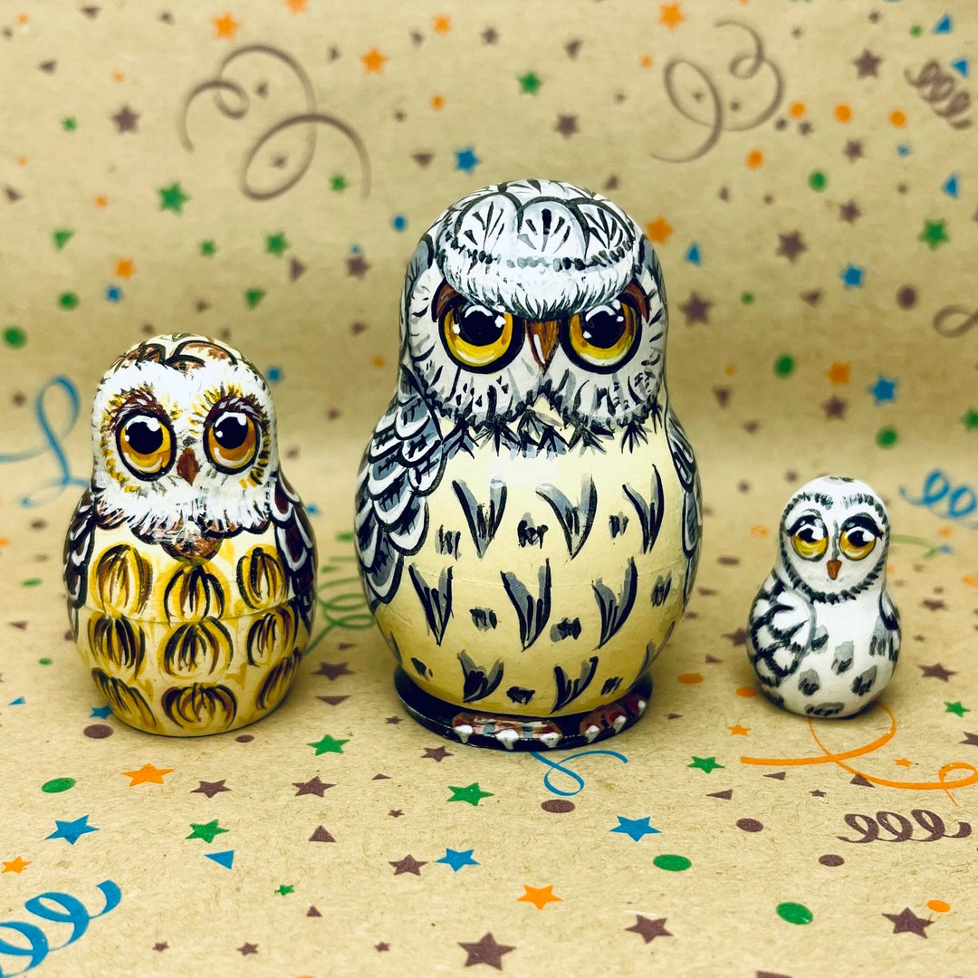 Miniature Owls Nesting Doll 3pcs Handpainted Wooden Matryoshka ...