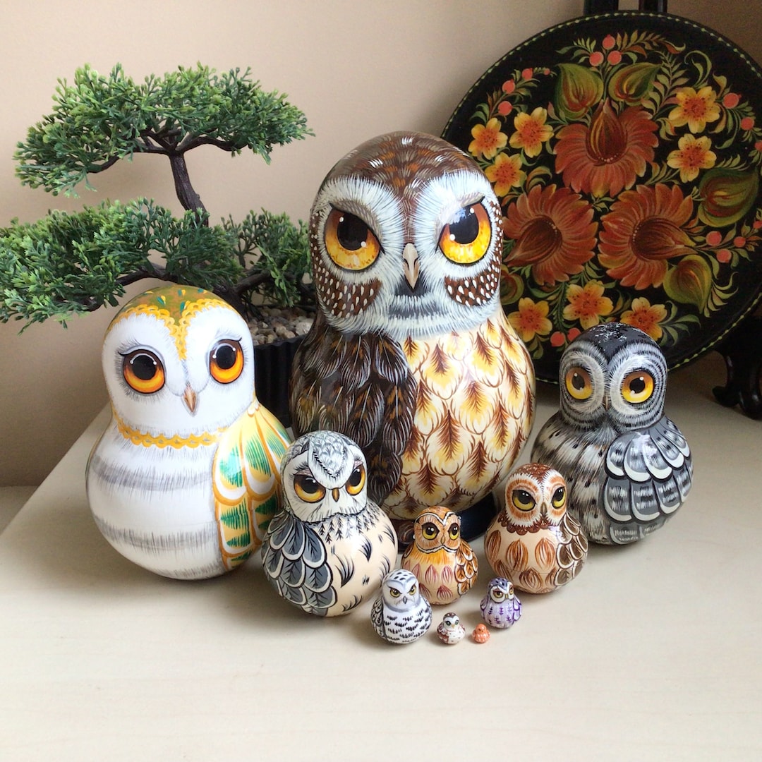 Owl Nesting Dolls : Big Hand Painted Wooden Matryoshka Set 10 Pcs 6,5 ...