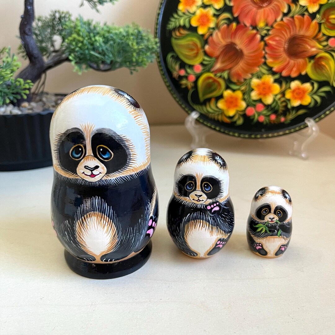 Panda Bear Nesting Doll, Handcrafted Wooden Nesting Set 3pcs, Kids Room ...