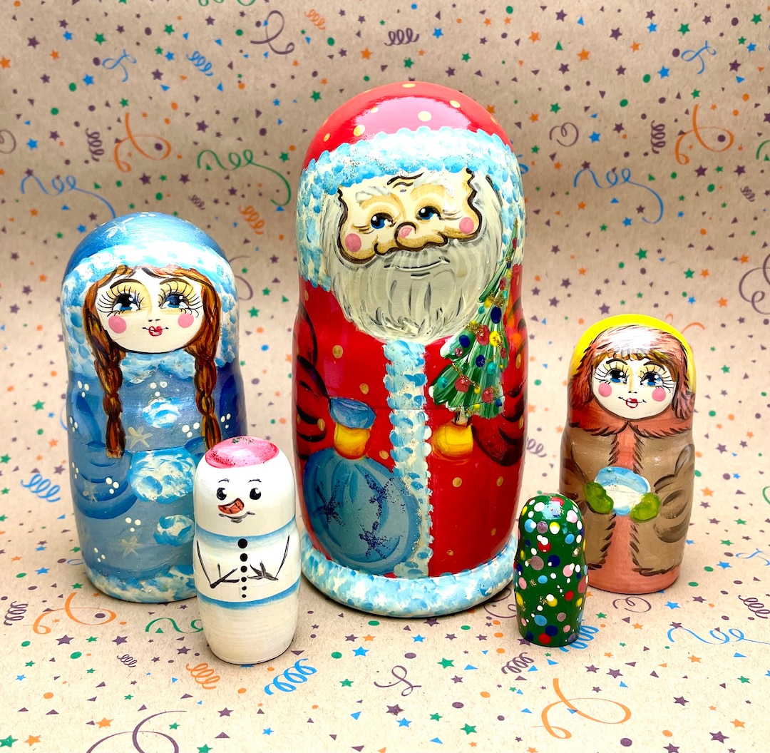 Cute Santa and Friends Hand Painted Nesting Doll 5pcs 6,4” Personalized ...